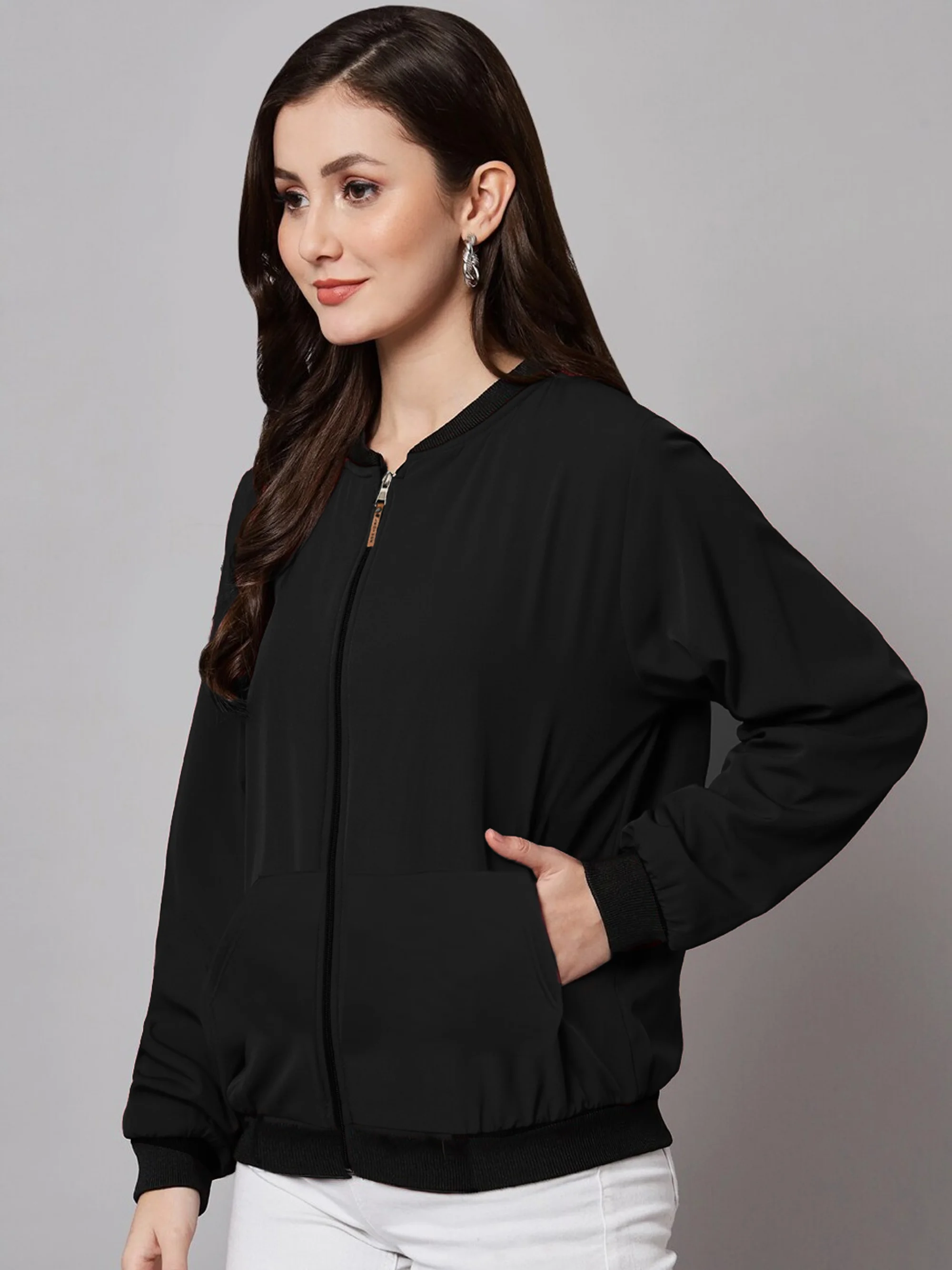 LEOTUDE - Women Lightweight Solid Black Bomber Jacket | Lotus iMall
