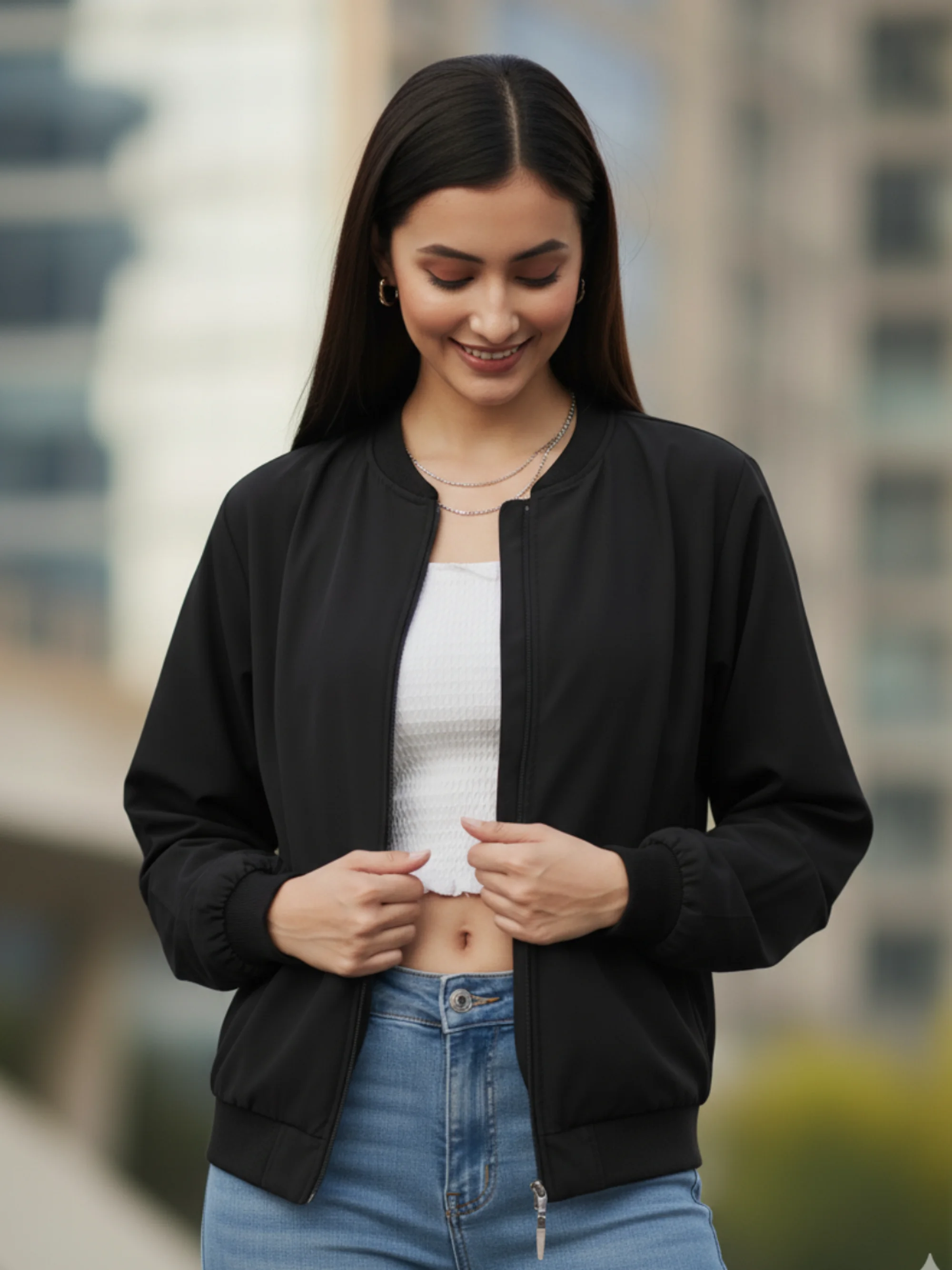 LEOTUDE - Women Lightweight Solid Black Bomber Jacket | Lotus iMall